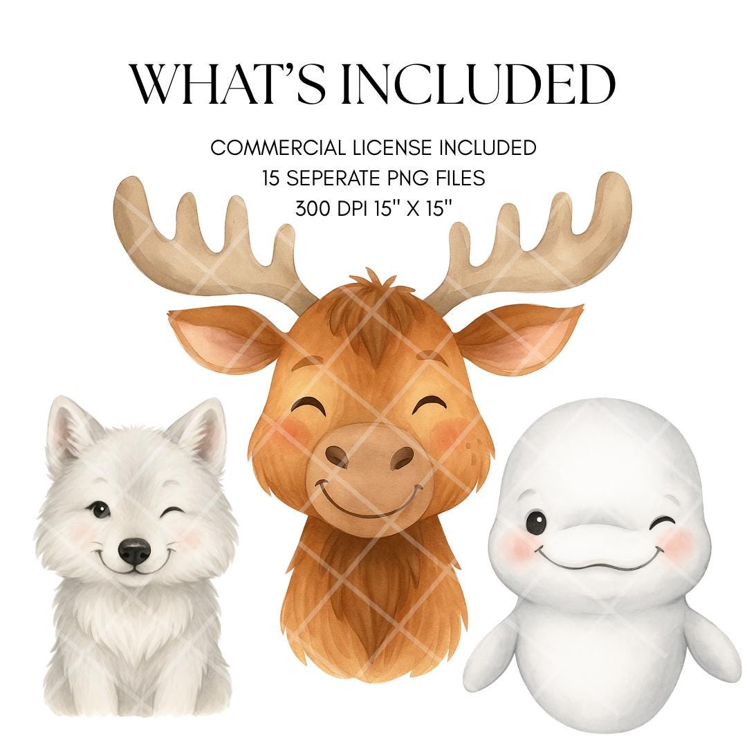Watercolor Arctic Portraits Clipart, Cute Animals Clipart, Animals ...