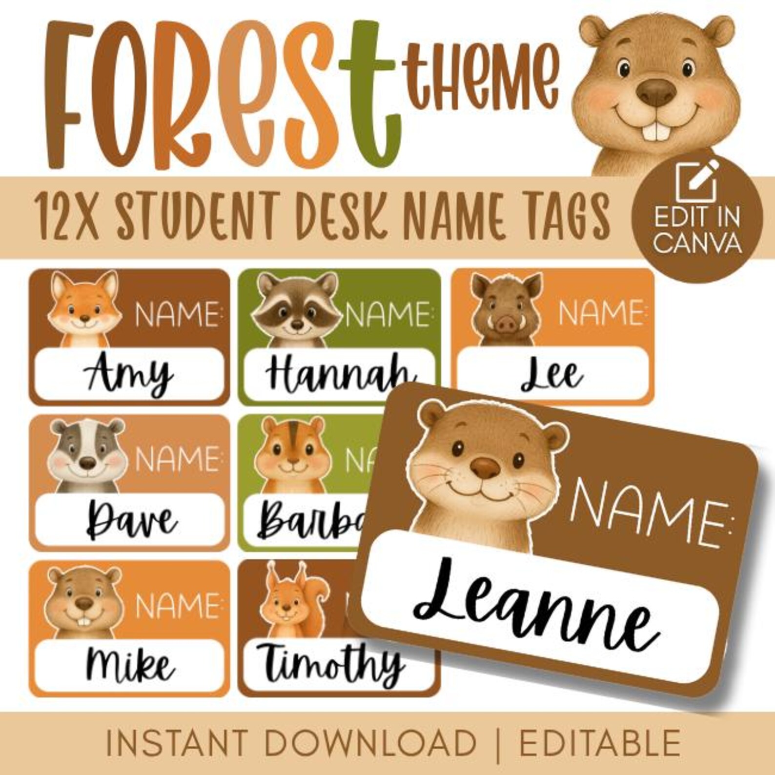 Editable Desk Name Tags for Students | Woodland Forest Printable Name ...