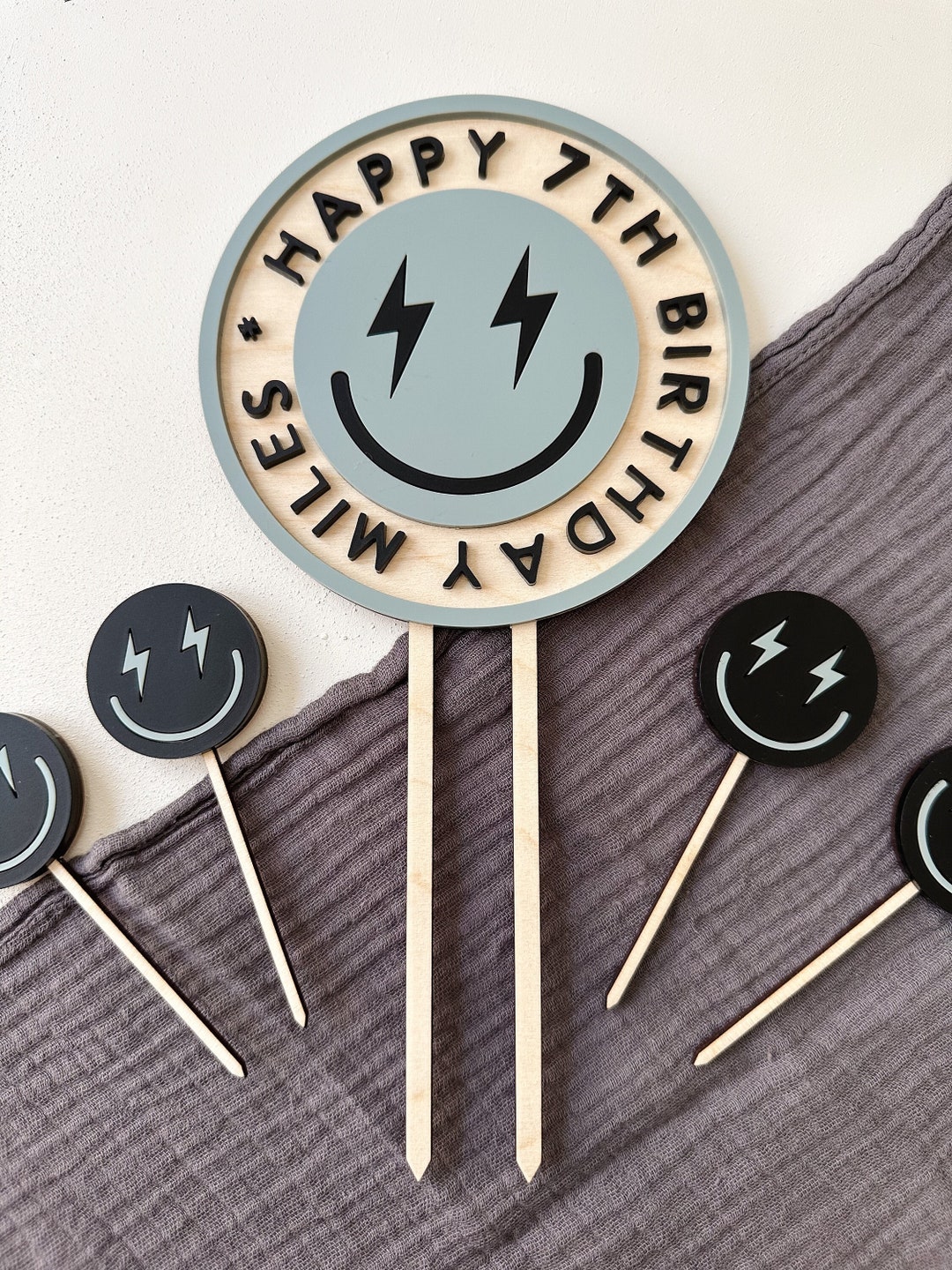 Lightning Smiley Cake Topper | One Happy Dude | Custom Matte Colors - Etsy