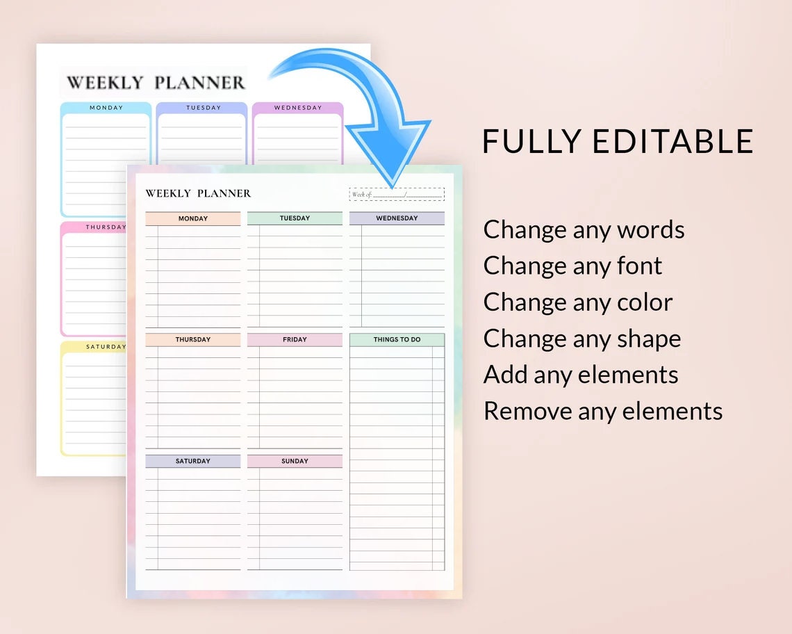 Weekly Planner Printable Editable CANVA Planner Template Personalized ...