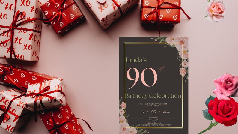 A Customisable 90th Birthday Invitation Template in Black, Gold and ...
