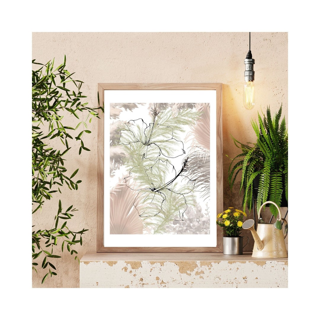 Boho Green Art, Printable Floral Home Decor, Flower Line Art, Neutral ...