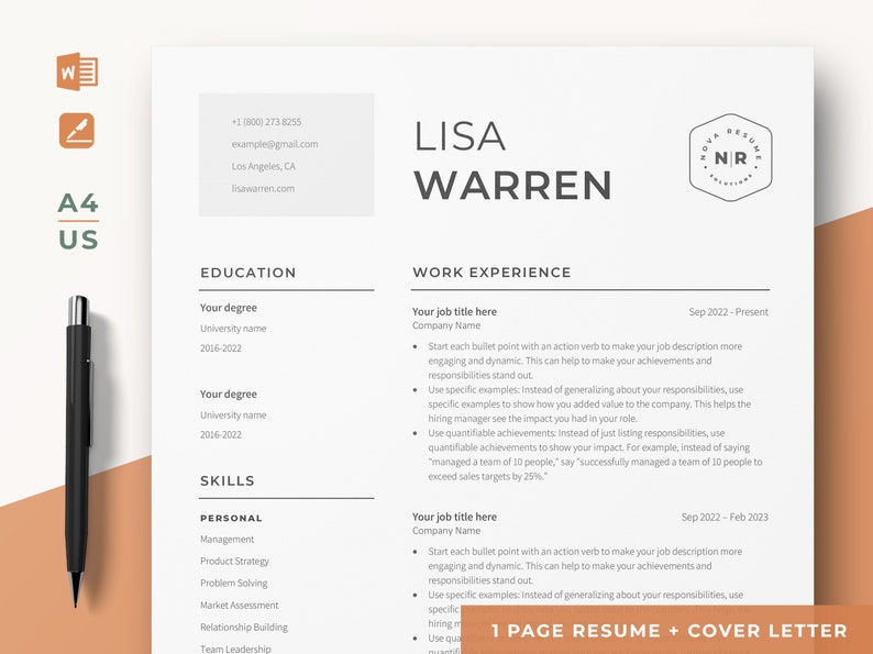 Professional Resume Template With Logo, Clean Timeless Two Page CV ...