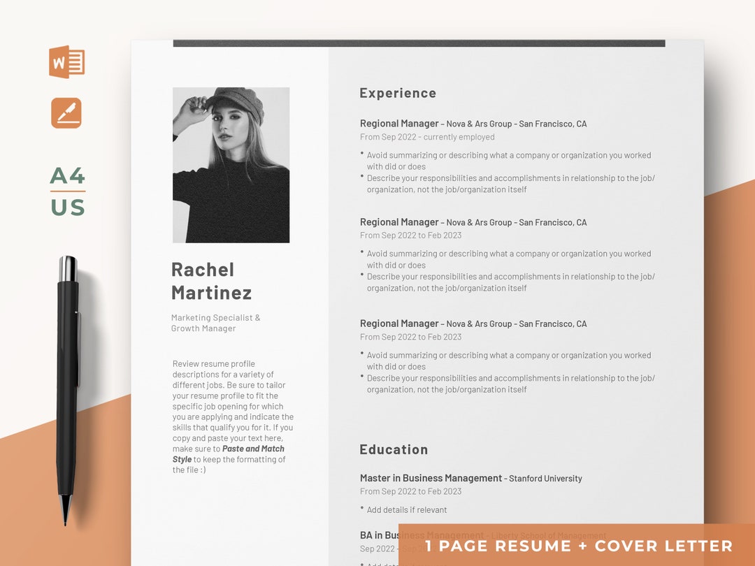 One Page Elegant and Professional Resume Template Design With Photo and ...
