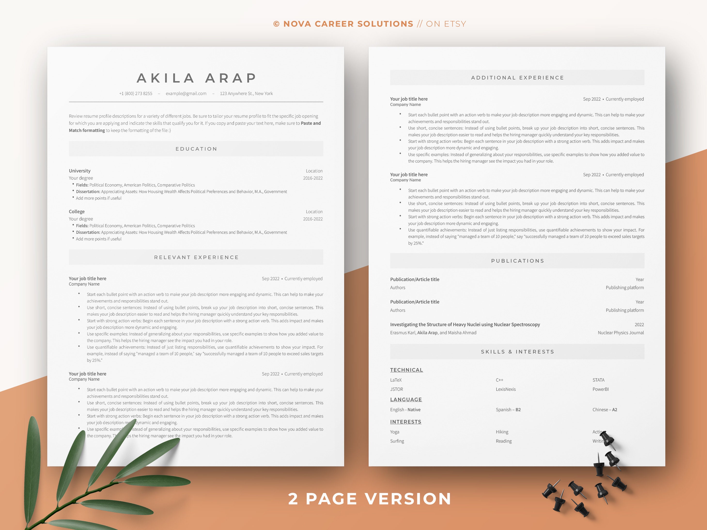 Simple Harvard Resume Template, Professional Resume Template, Easy and Elegant Two Page CV ...