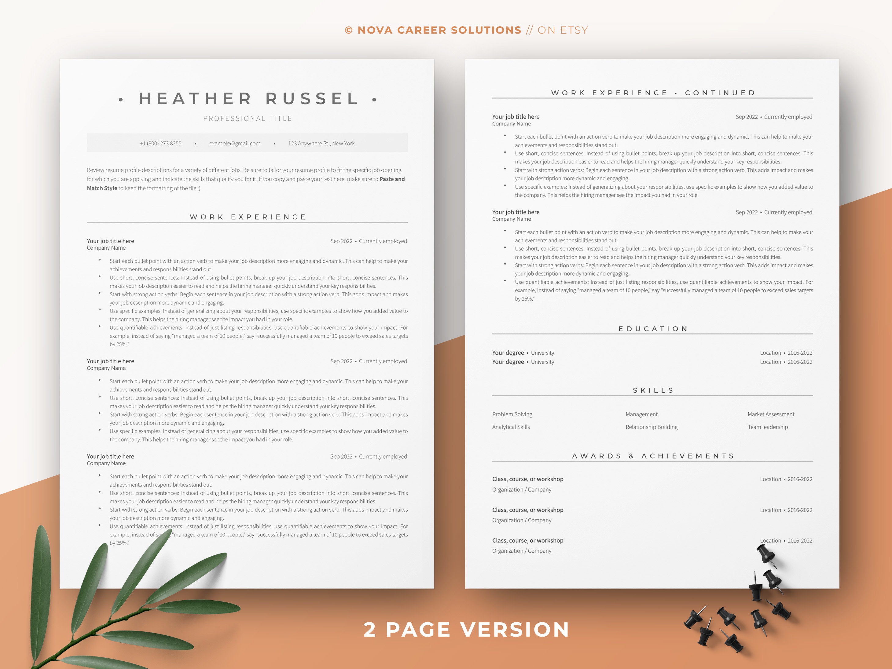 Elegant and Classic Resume Template With Two Page Options, Professional ...