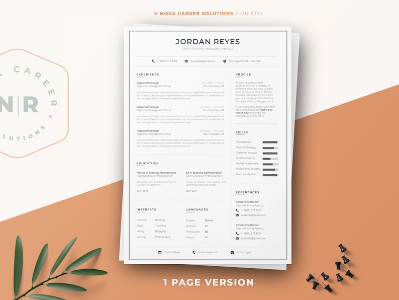 Professional Framed Resume Template One Page Easy and Clean - Etsy