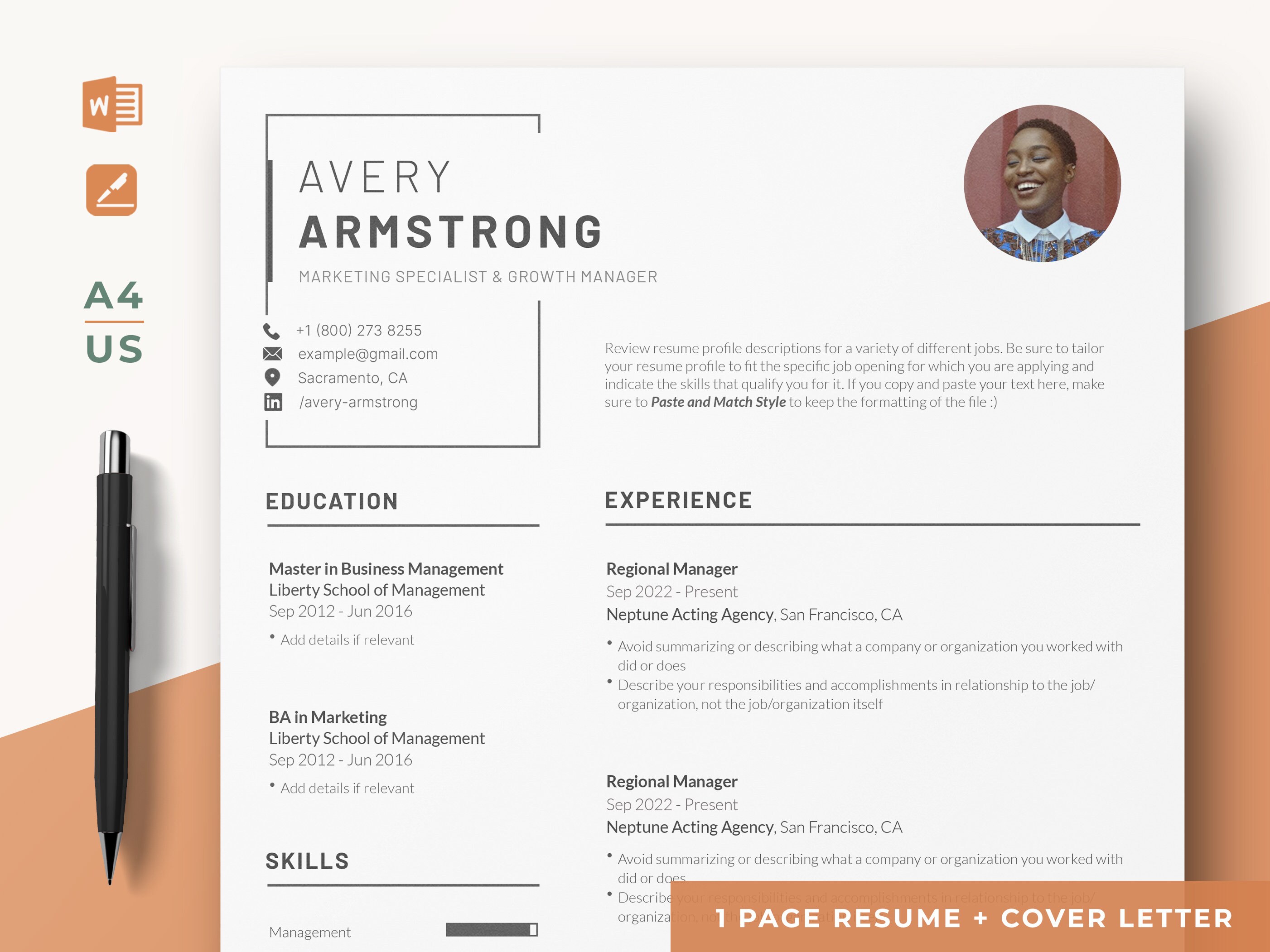One Page Creative Resume Template Design With Photo and Matching Cover ...