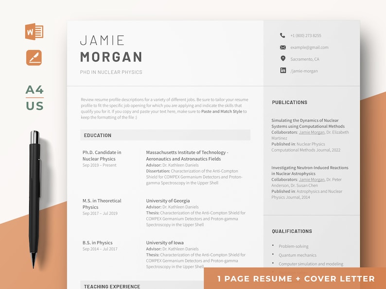 Academic Graduate Resume Template for Phd Post Doc and - Etsy