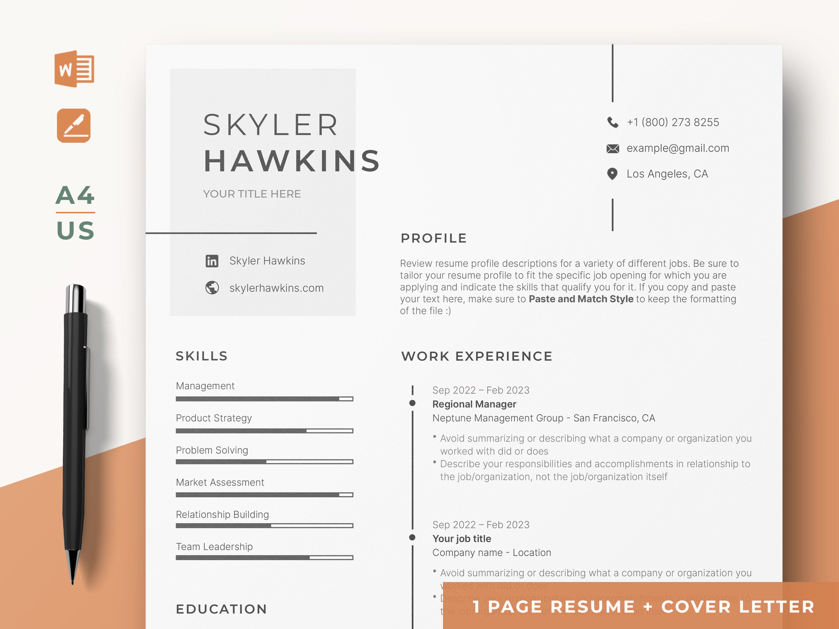Two Page Modern Resume Template With Timeline and Matching Cover Letter ...