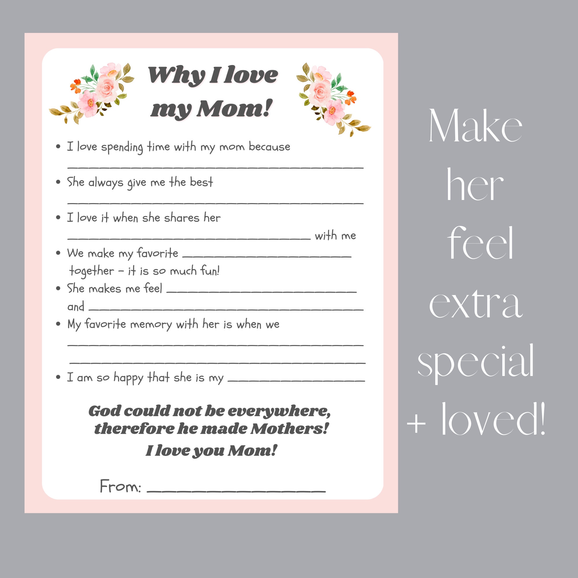 Mothers Day Sunday School Craft, Why I Love My Mom Fill in the Blank ...