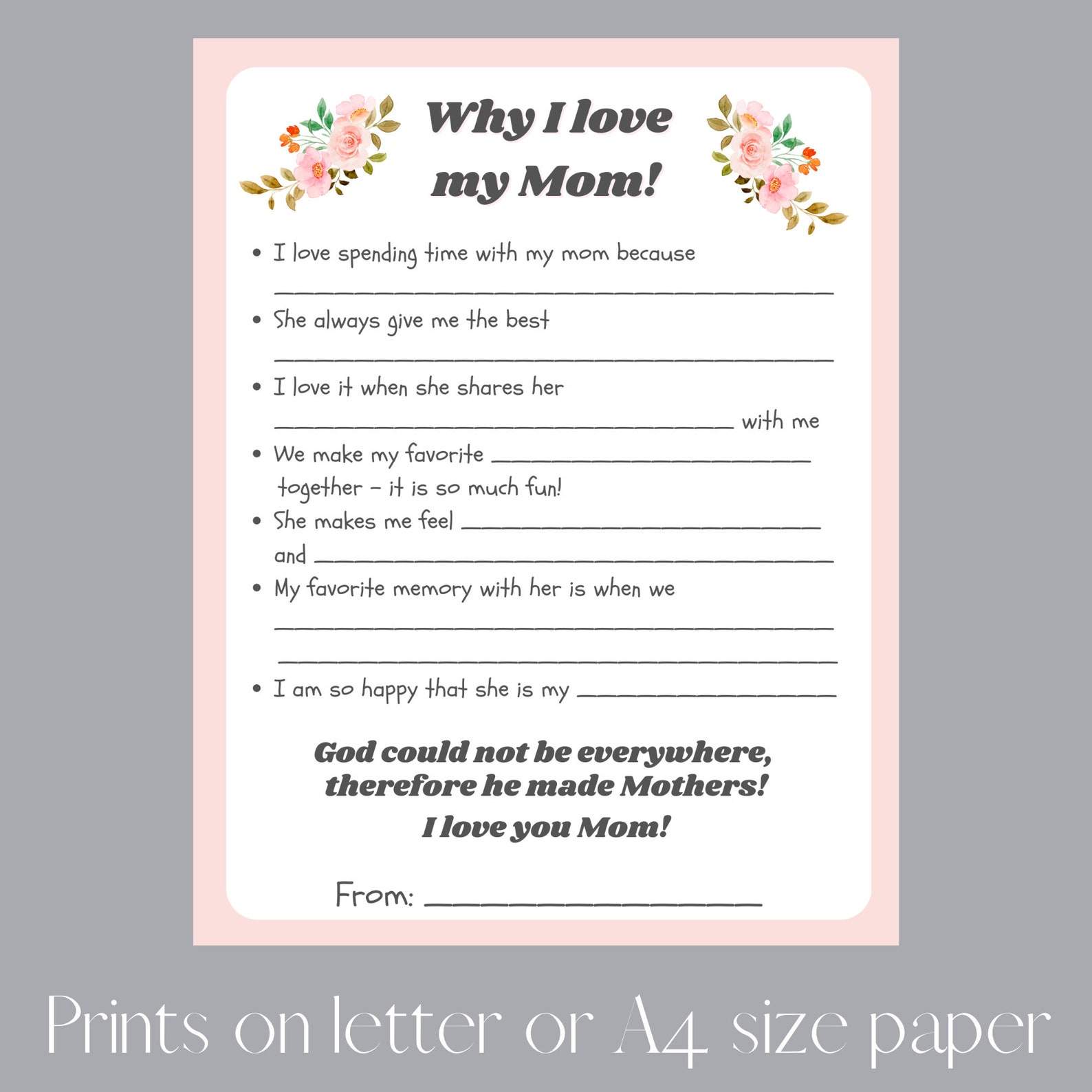 Mothers Day Sunday School Craft, Why I Love My Mom Fill in the Blank ...