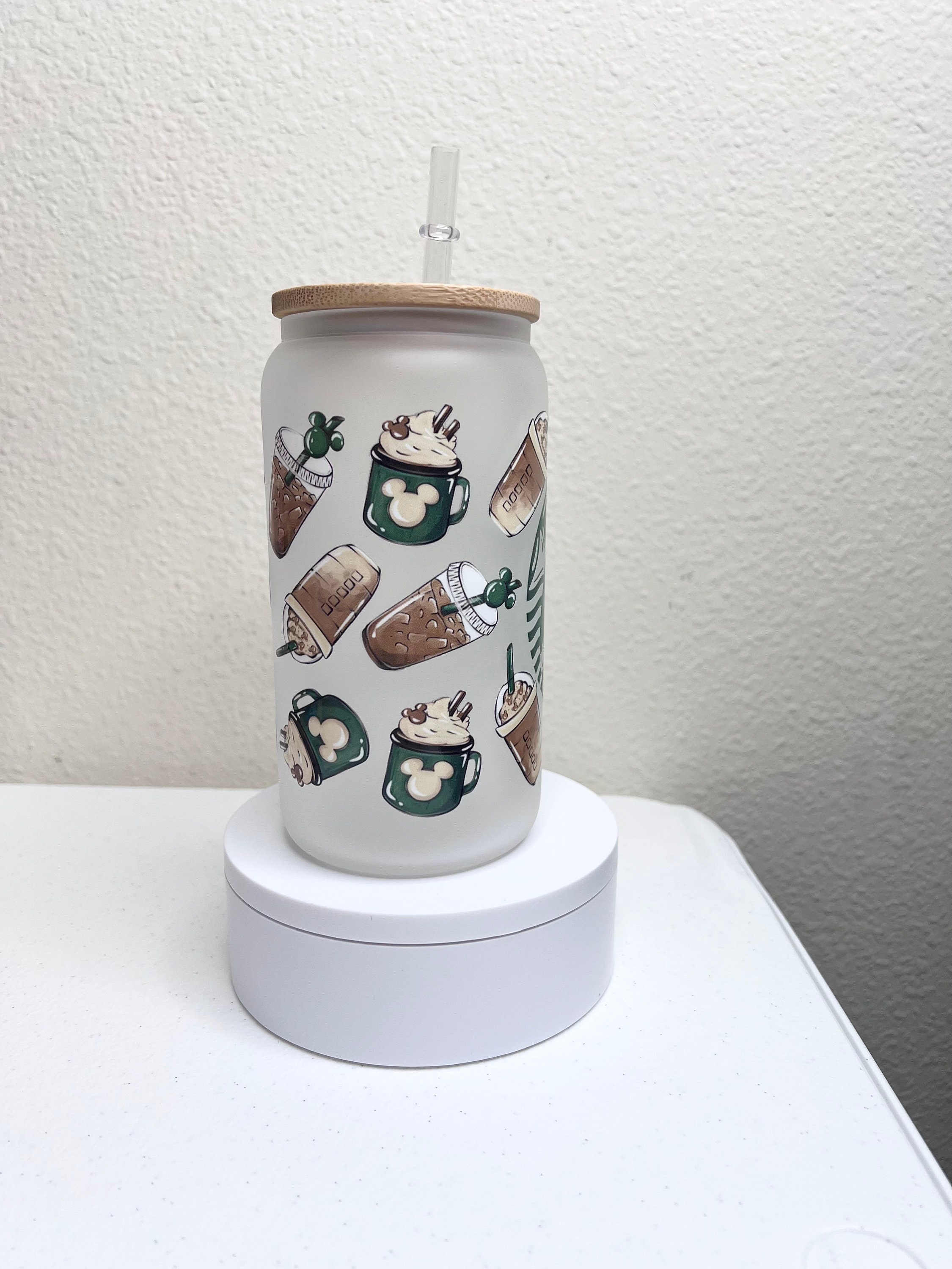 Starbucks Coffee Mickey Mouse Ears Handmade Glass Cup With Bamboo Lid ...