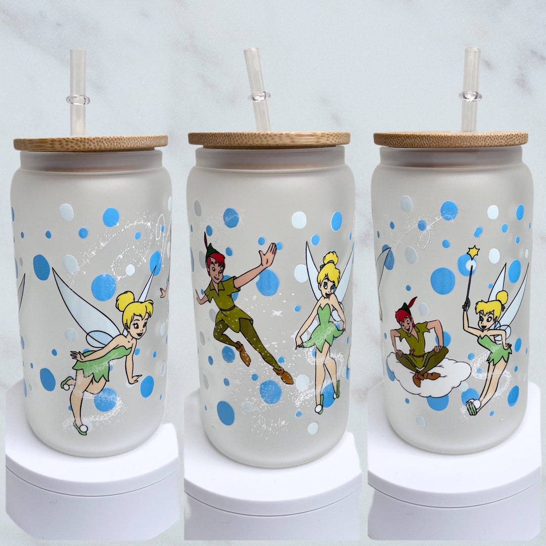 Tinkerbell and Peter Pan Handmade Glass Cup With Bamboo Lid and Straw ...