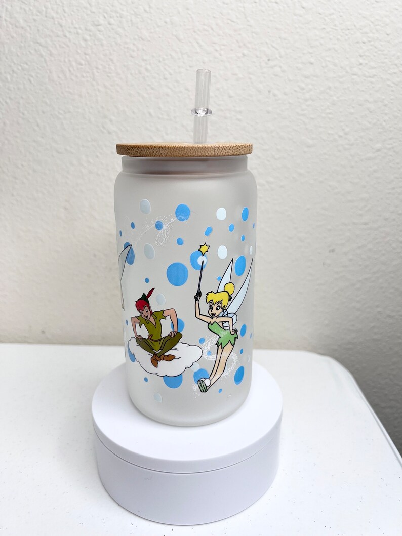 Tinkerbell and Peter Pan Handmade Glass Cup With Bamboo Lid and Straw ...