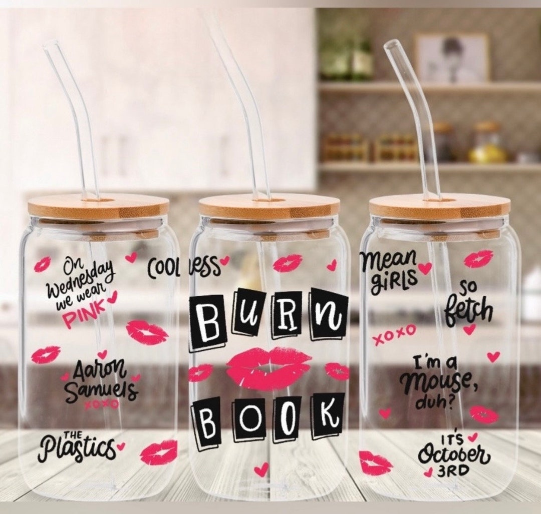 Mean Girls Burn Book Handmade Glass Cup With Bamboo Lid and Straw - Etsy