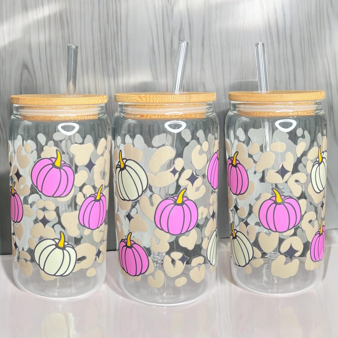 Fall Pumpkim Pink and Tan Handmade Glass Can Cup With Bamboo Lid and ...