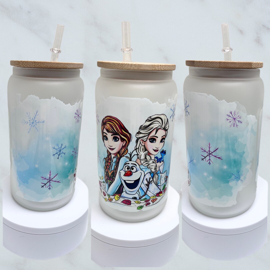 Frozen Elsa Ana Olaf Handmade Glass Cup With Bamboo Lid and Straw Gifts ...