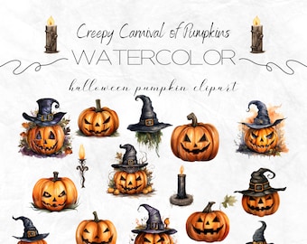 Halloween Pumpkin Clipart, Creepy Carnival of Pumpkins, Watercolor ...