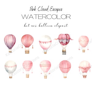 Watercolor Hot Air Balloon Clipart, Pink Cloud Escapes Collection, PNG ...