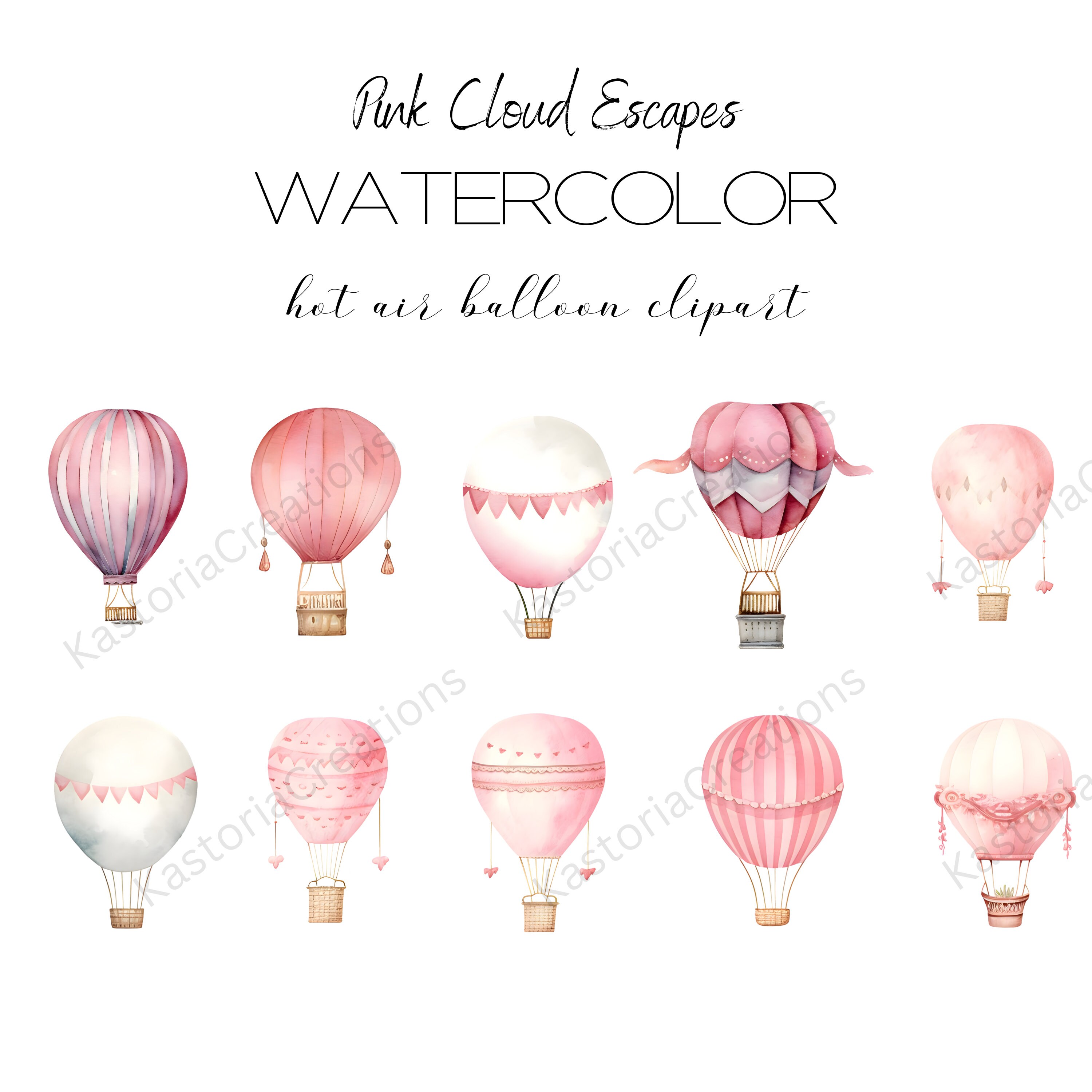 Watercolor Hot Air Balloon Clipart, Pink Cloud Escapes Collection, PNG ...