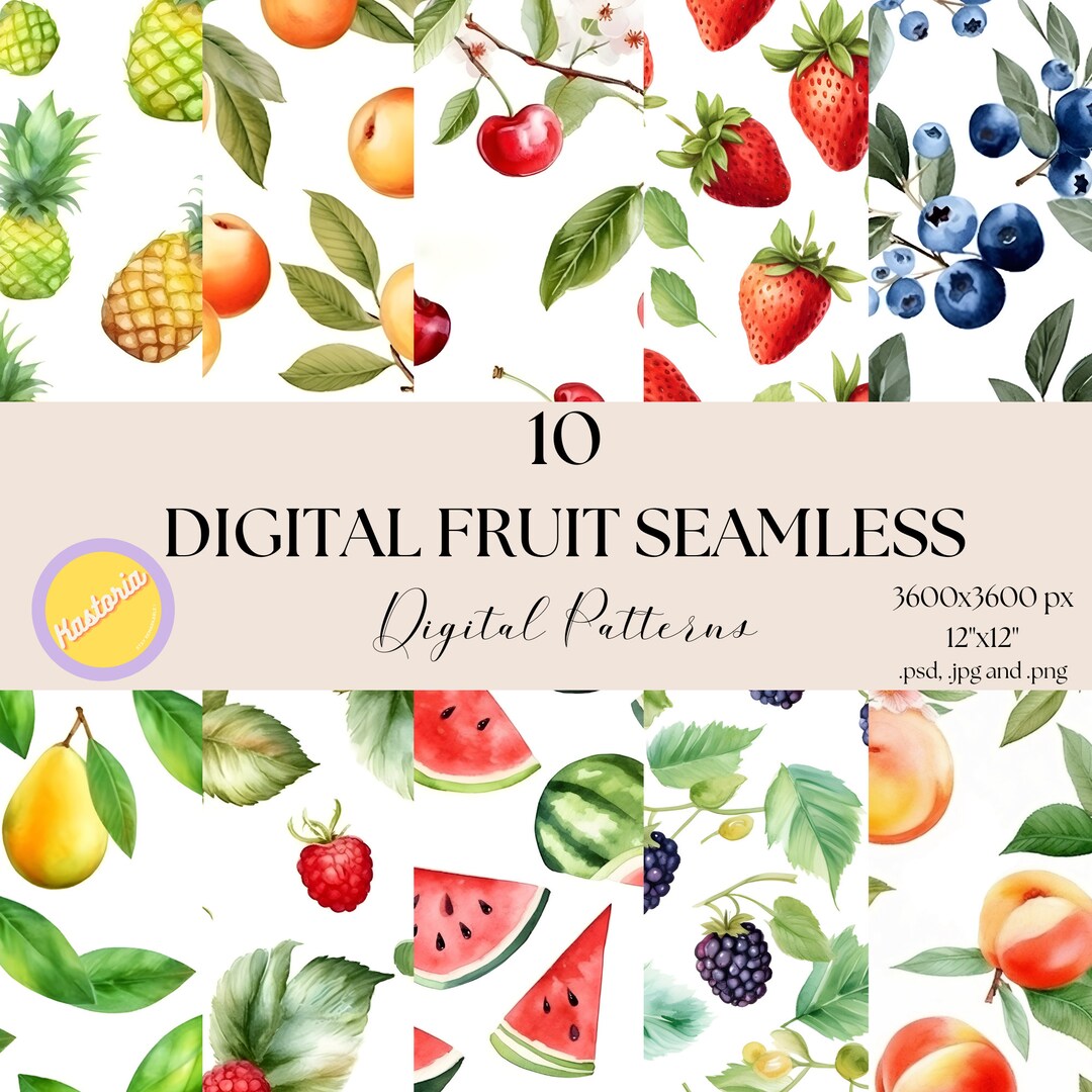 Set of 10 Watercolor Fruit Seamless Pattern, Digital Paper, 10 Digital ...
