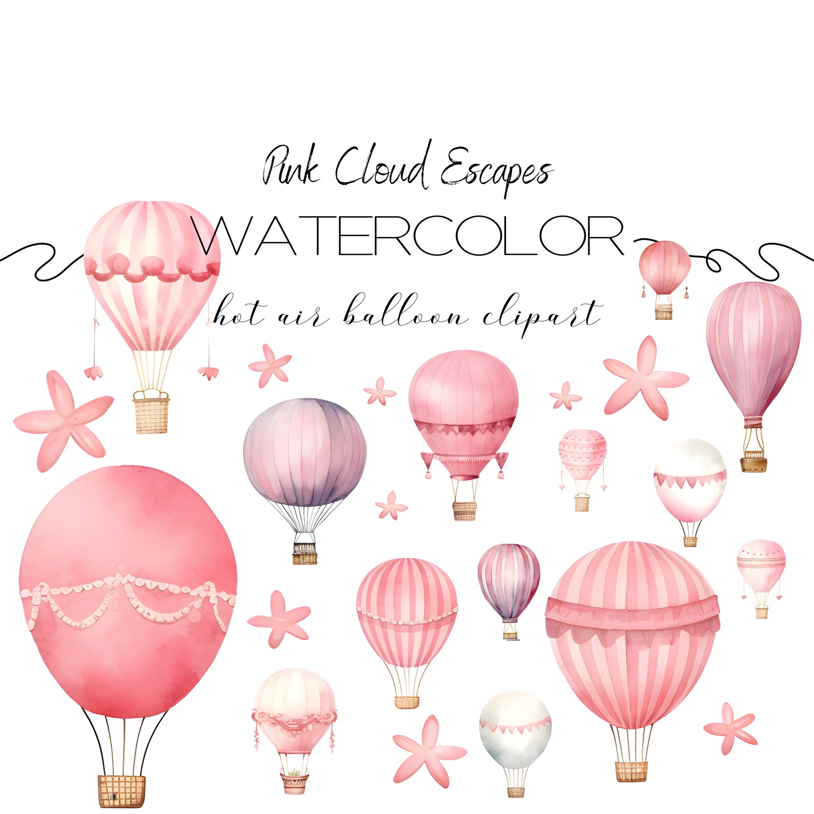 Watercolor Hot Air Balloon Clipart, Pink Cloud Escapes Collection, PNG ...