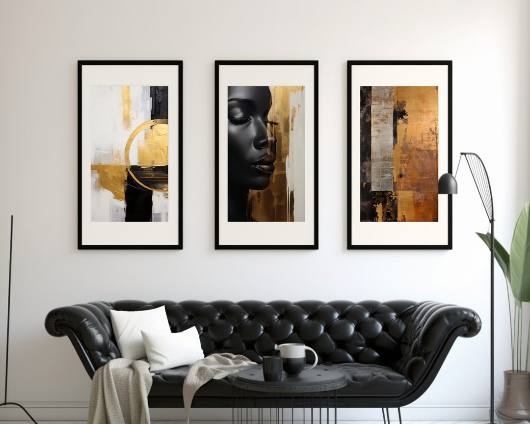 Gold Black Wall Art Set of 3, Golden Woman, Prints, Gold Bedroom Art ...