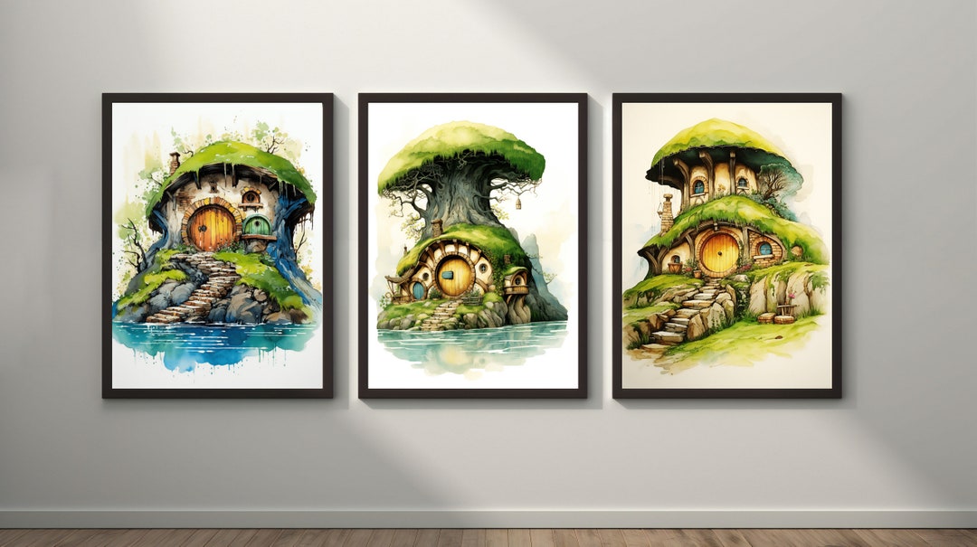 Lord of the Rings Art Set, Hobbit Hole Digital Wall Art, Watercolor ...