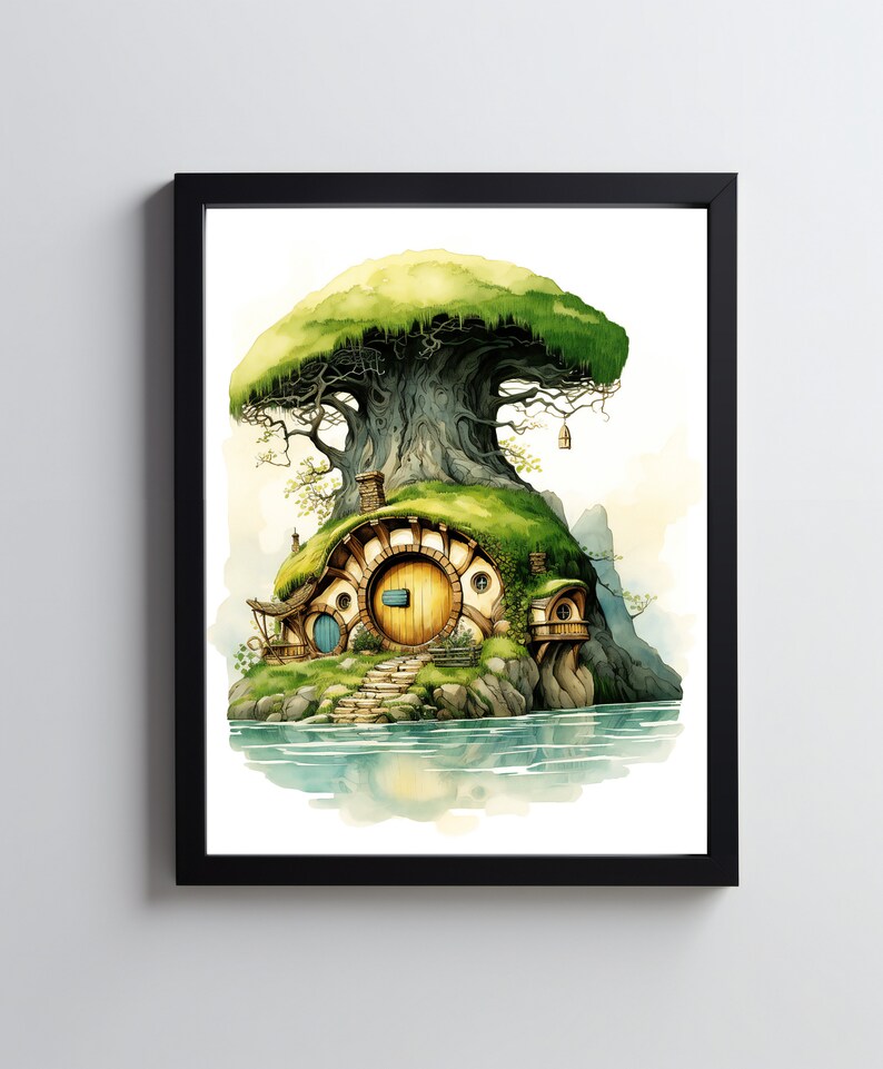 Lord of the Rings Art Set, Hobbit Hole Digital Wall Art, Watercolor ...