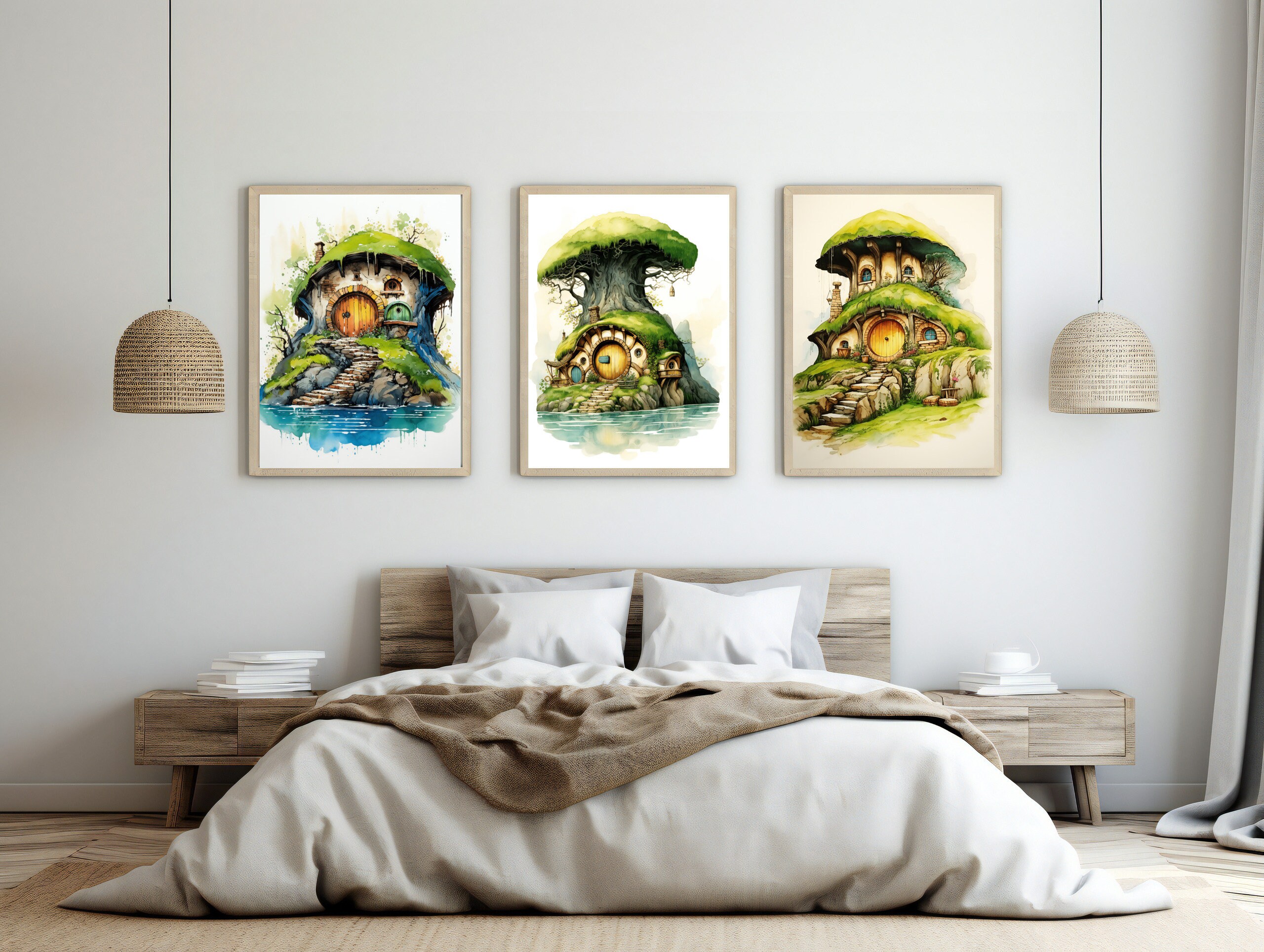Lord of the Rings Art Set, Hobbit Hole Digital Wall Art, Watercolor ...