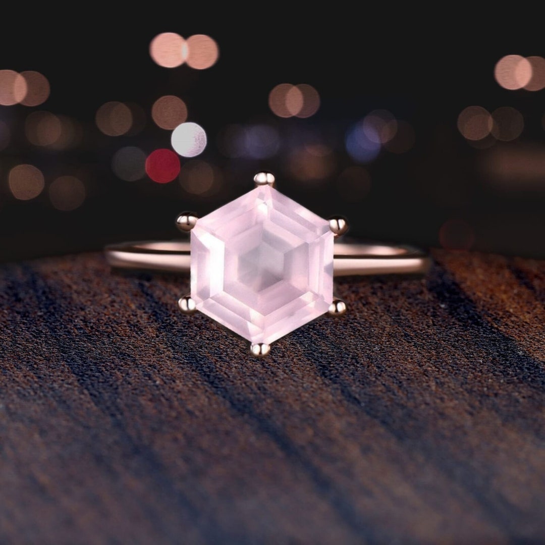 Hexagon Cut Rose Quartz Engagement Ring Pink Gemstone Rose Quartz ...