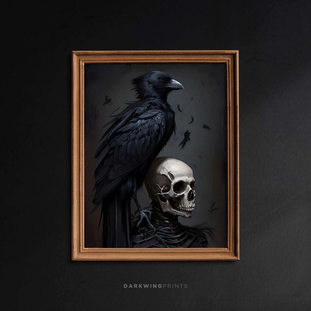 Skeleton With Raven, Gothic Oil Painting Printable, Witchy Room Decor ...