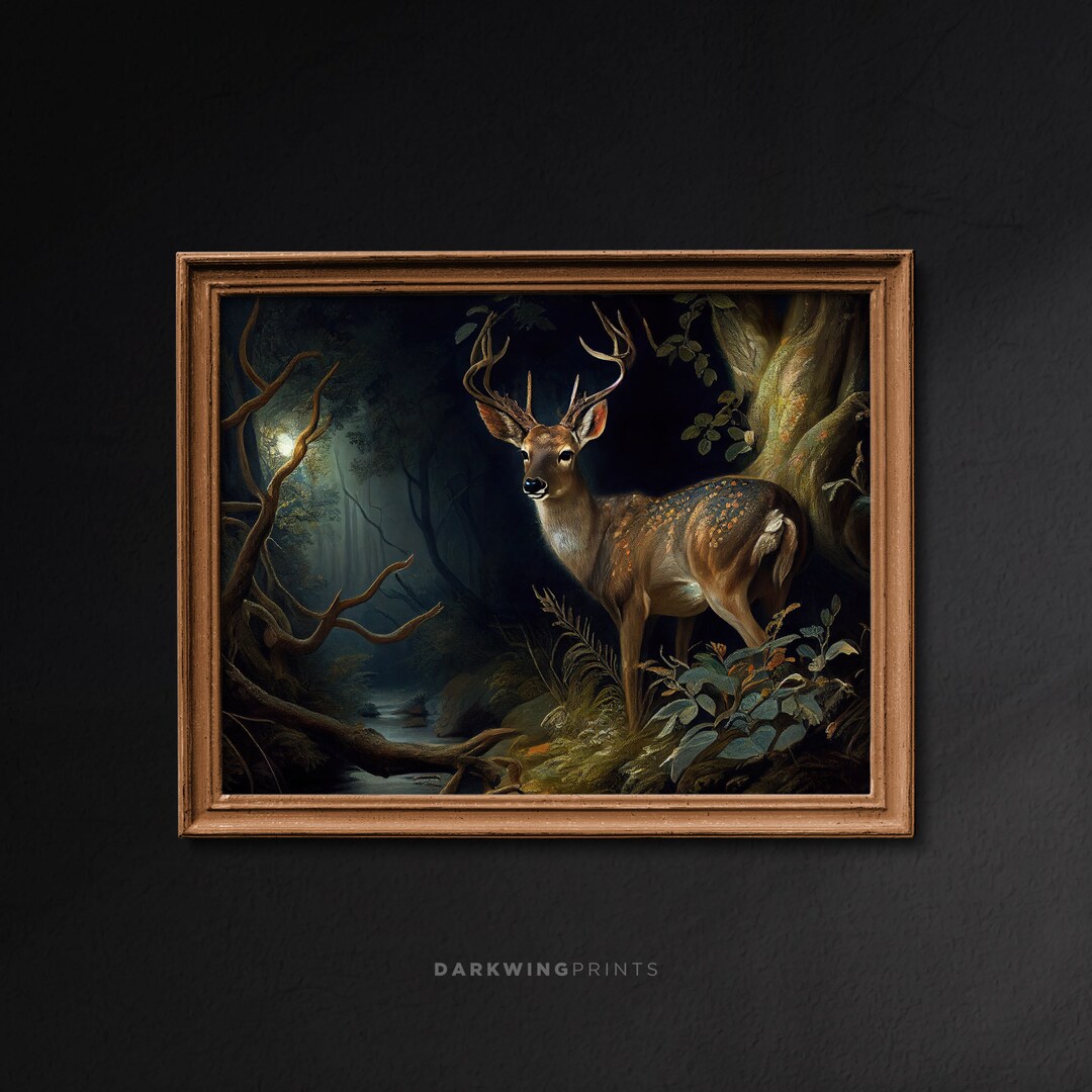 Deer in Dark Gothic Forest, Cottagecore Prints, Deer Wall Art, Woodland ...