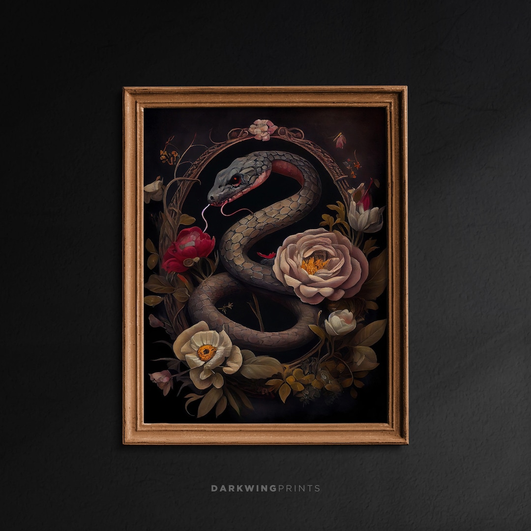 Dark Botanical Snake Wall Art, Gothic Antique Oil Painting, Floral ...