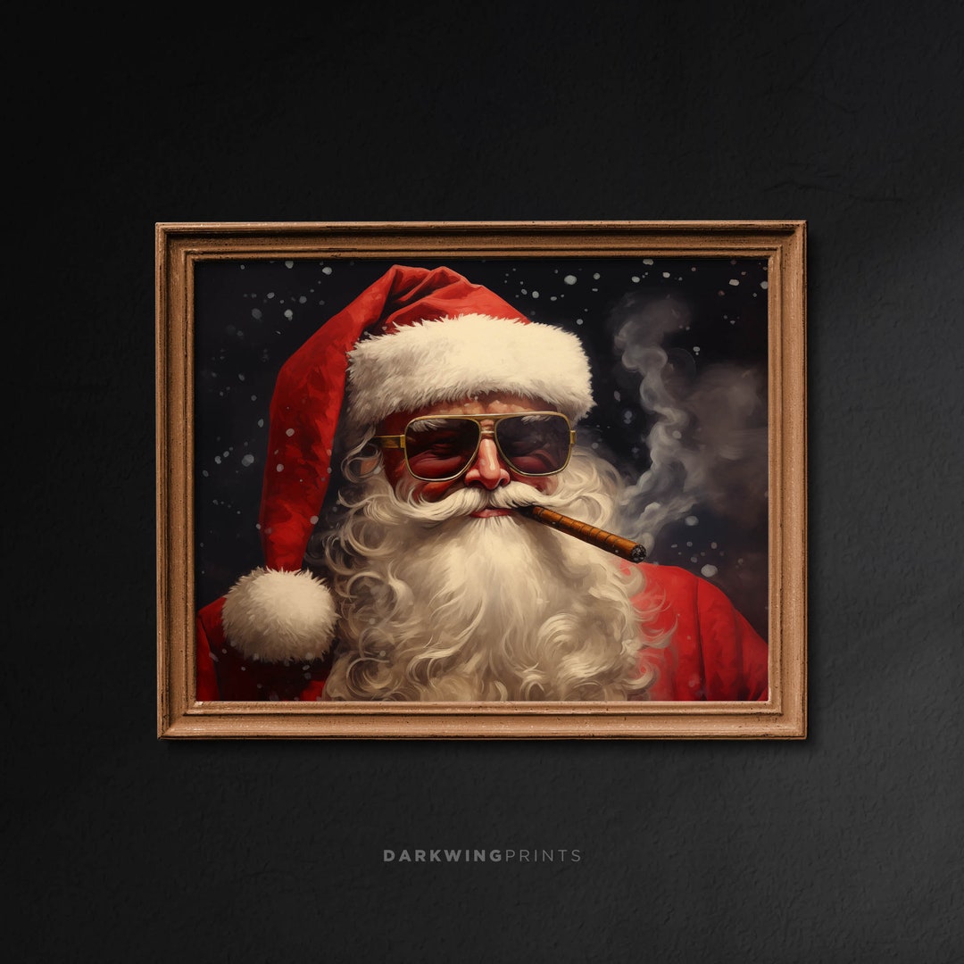 Santa Smoking Art Print, Christmas Decor, Funny Santa Painting ...