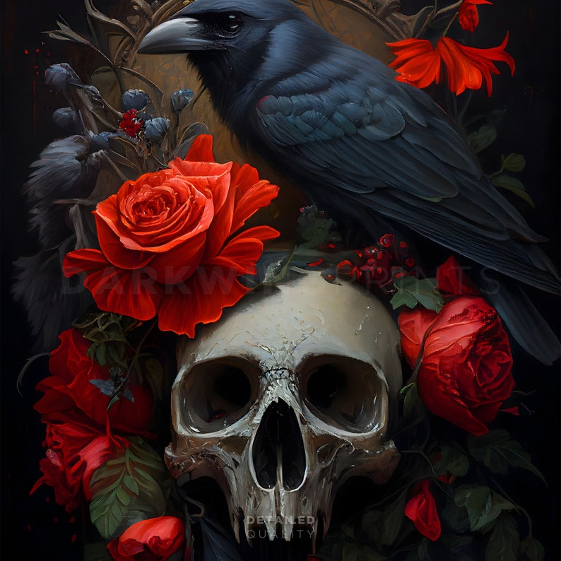 Goth Still Life, Gothic Skull and Raven Wall Art, Moody Oil Painting ...