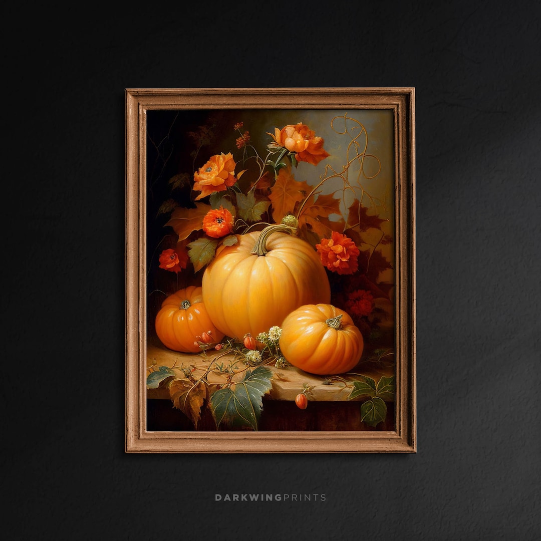 Vintage Pumpkin Still Life Painting, Autumn Wall Print, Fall Wall Decor ...