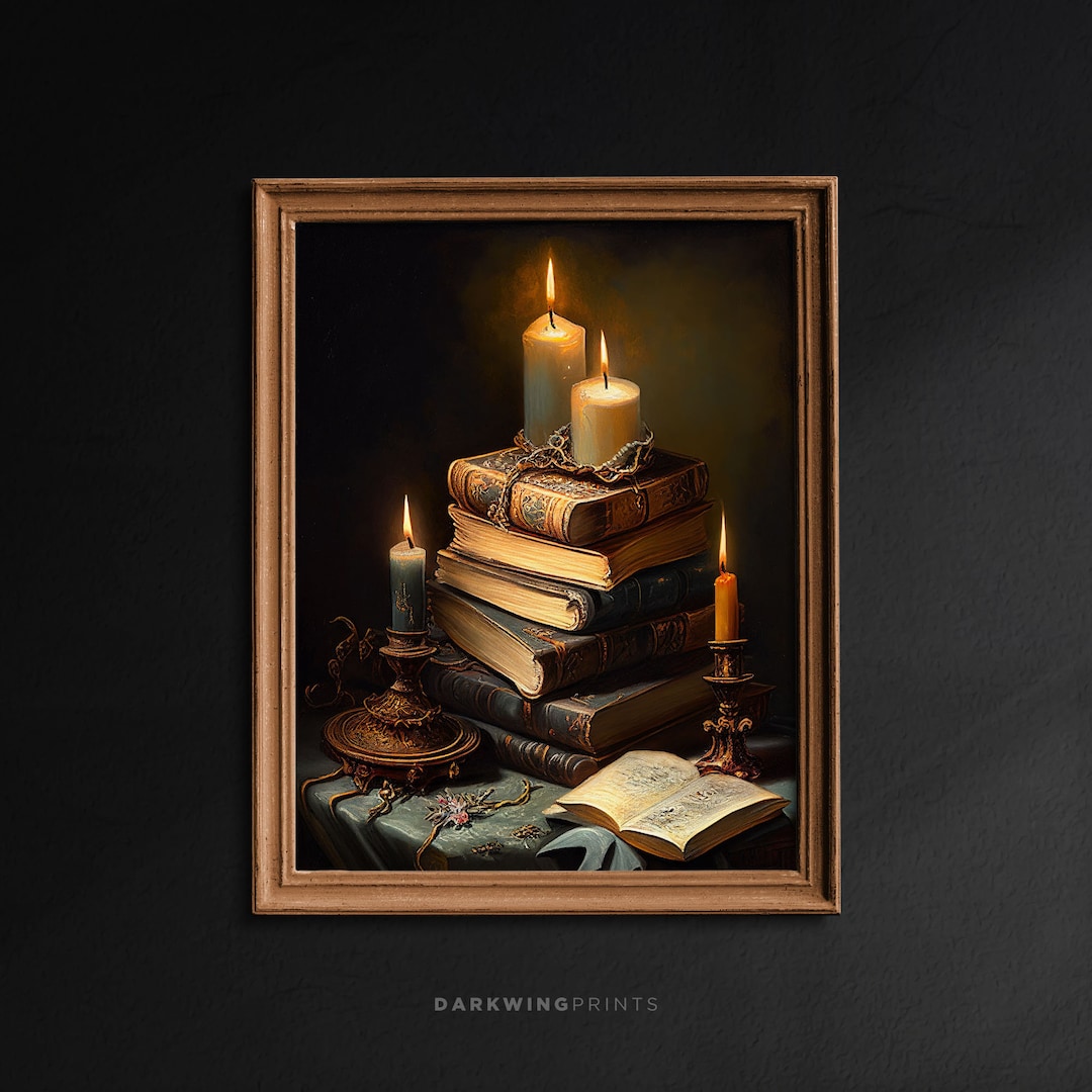 Goth Vintage Books Wall Art, Bookish Oil Painting Print, Abandoned ...