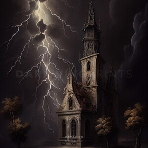 Gothic Church in the Storm, Gothic Architecture and Celestial Wall Art ...