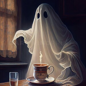 Ghost Drinking Tea, Kitchen Decor, Vintage Poster, Dark Academia ...