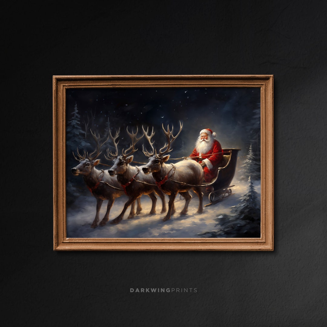 Santa Claus With Reindeer Sleigh, Vintage Christmas Print, Christmas Wall Art, Cottagecore Oil ...