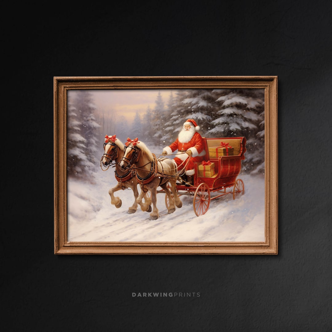 Santa Riding a Horse Cart, Snowy Landscape Print, Christmas Wall Art ...