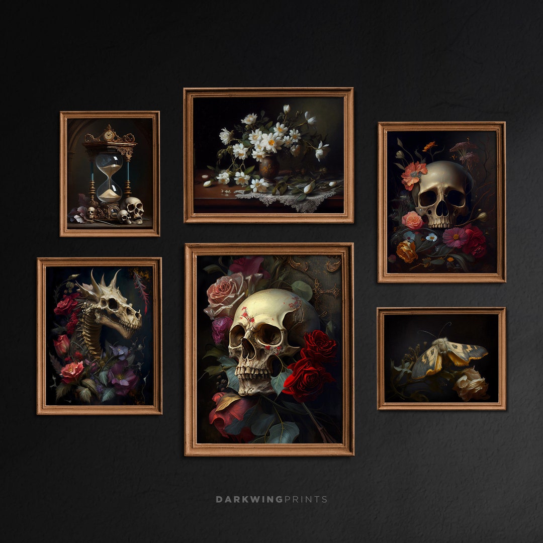 Set of 6 Gothic Prints, Vintage Goth Gallery Wall Set, Floral Macabre ...