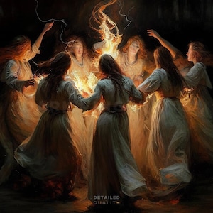 Fire Dance Wall Art, Nymphs Witches Dancing, Gothic Painting, Dark ...