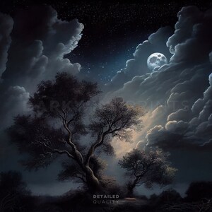 Moon and Tree Vintage Painting Digital Print, Dark Aesthetic Decor ...