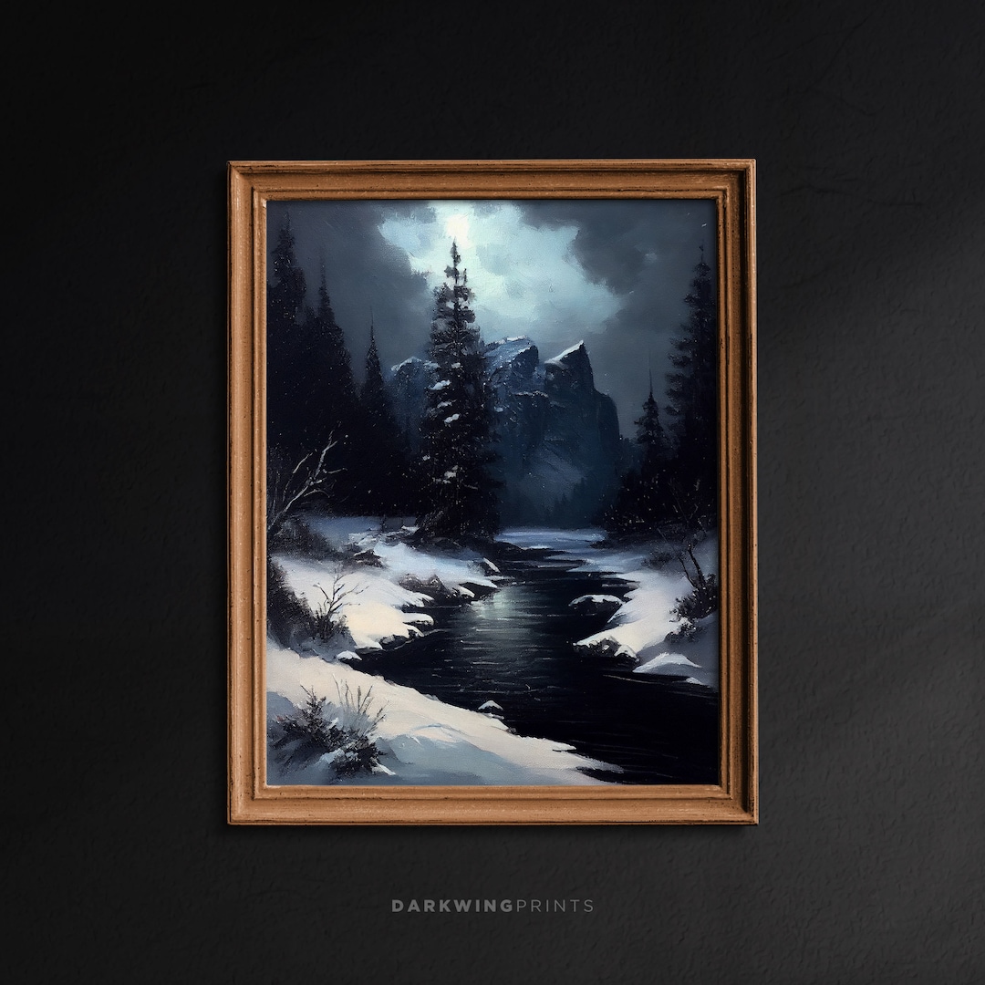 Dark Winter Landscape Painting Printable Wall Art, Vintage Moody River ...