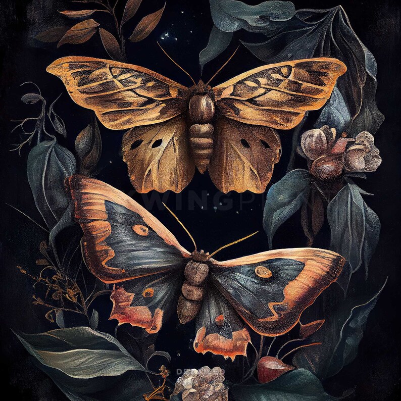 Cottagecore Moths Art Dark Botanical Moth Antique Butterfly - Etsy