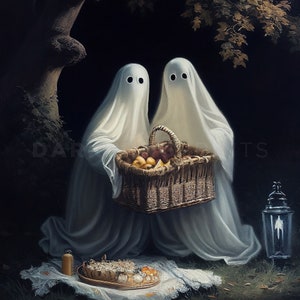 Two Ghosts Having a Picnic, Dark Academia, Spooky Decor, Vintage Poster ...