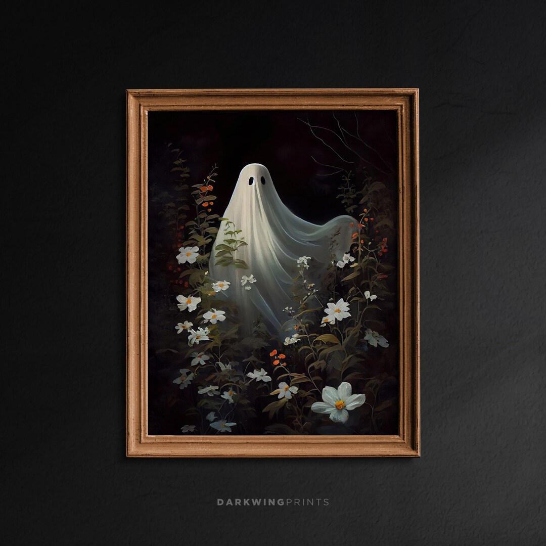Ghost Dancing With Flowers, Botanical Ghost, Vintage Poster, Dark ...